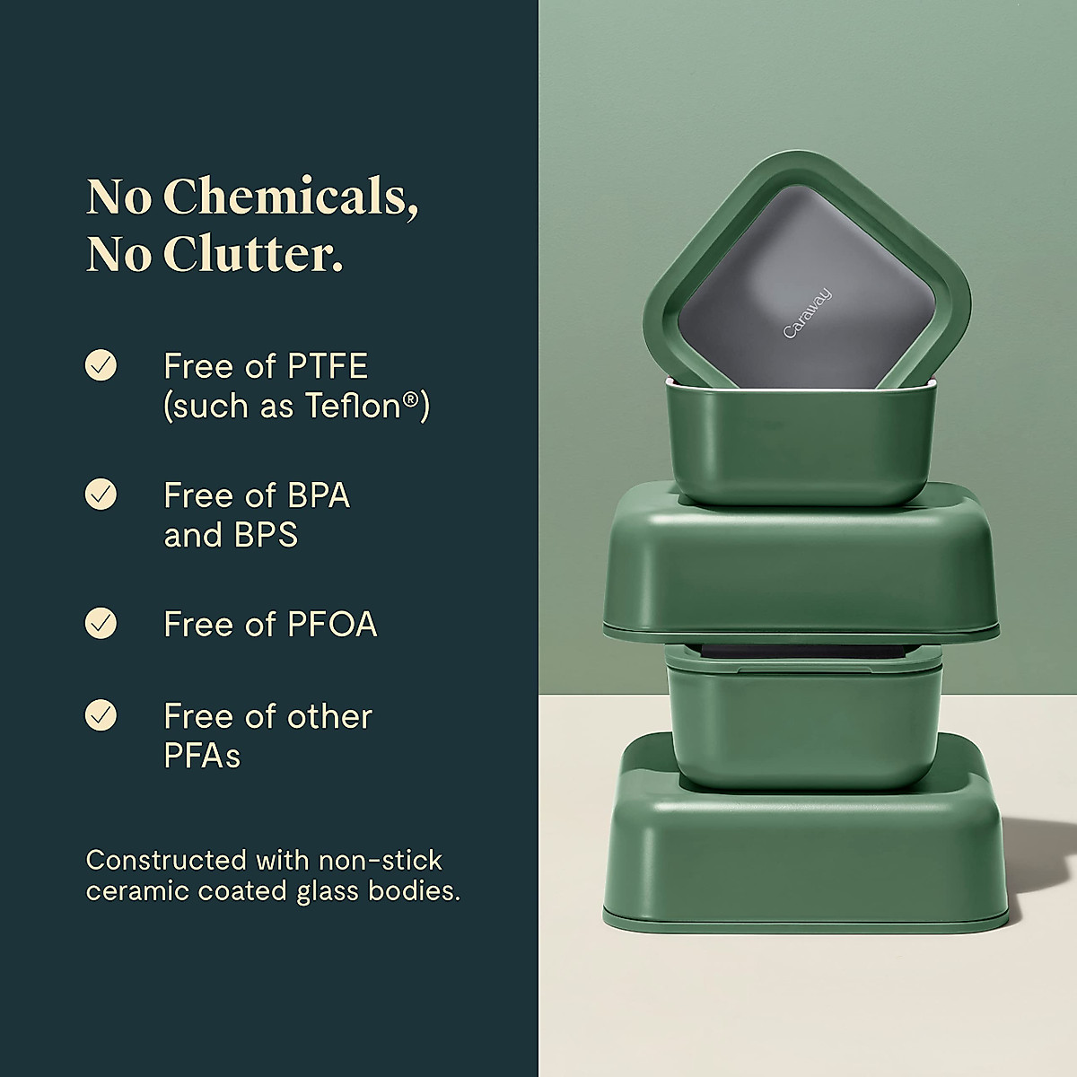 Caraway Glass Food Storage, 10 Cup Glass Container,Ceramic Coated Food Container,Easy to Store, Non Toxic, Non Stick Lunch Box Container with Glass Lids. Dishwasher, Oven,Square Shape,Sage