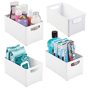 mDesign Plastic Storage Organizer Wide Container Bin with Handles for Bathroom, Home Organization - Holds Vitamins, Supplements, Makeup, Styling Tools - Ligne Collection - 4 Pack - White