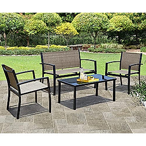 JUMMICO 4 Pieces Patio Furniture Set Modern Conversation Set Outdoor Garden Patio Bistro Set with Glass Coffee Table for Home, Porch, Lawn (Brown)