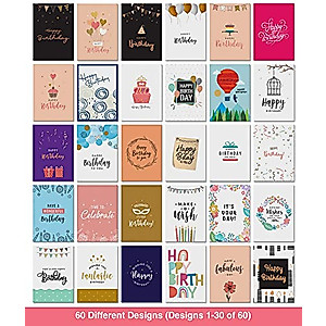 Dessie Unique Birthday Cards Assortment with Generic Birthday Greetings Inside. Suitable For Men, Women and Kids. Includes Envelopes and Gold Stickers, 60 Cards