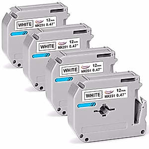 Anycolor Compatible M-K231s Label Tape Replacement for Brother P Touch M Tape M-K231 M231 MK231 12mm 0.47 White, Work with Brother Ptouch PT-M95 PT-90 PT-70 PT-65 PT-85 45 Label Maker Refills, 4-Pack