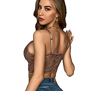 Lilosy Sexy Wirefree Lingerie Floral Lace Crop Cami Tank Top Women Sheer Longline Bralette Night Out Party Bra Coffee 2# Medium