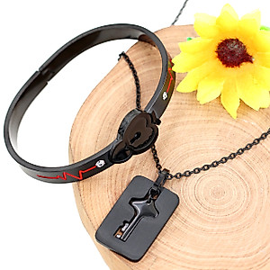 Uloveido Stainless Double Heart Infinity Love Lock Bangle Heartbeat Bracelet and Shield Key Pendant Necklace Couple Set for Men Women Y1891-Black