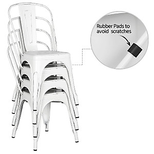 Yaheetech Metal Kitchen Dining Chairs Indoor-Outdoor Distressed Style Stackable Side Coffee Chairs in Distressed White, Set of 4