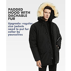 PUREMSX Men's Padded Jacket Insulated, Expedition Mountain Heavy Weight Thicken Lined Skiing Fur Hooded Long Anorak Parka,Black,Small