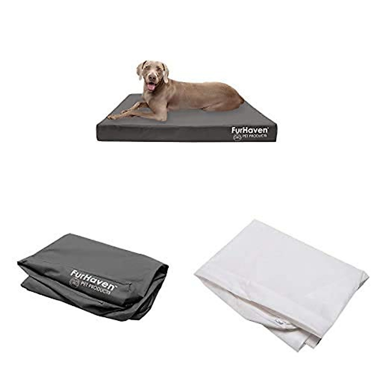 Furhaven Pet Bundle Jumbo Plus Stone Gray Cooling Gel Memory Foam Water-Resistant Indoor Outdoor Logo Print Mattress, Extra Dog Bed Cover, & Water-Resistant Mattress Liner for Dogs & Cats