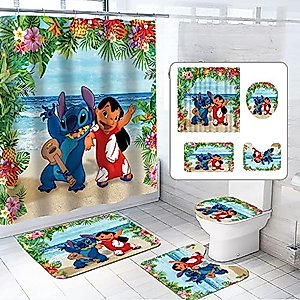 REAGTUGHT 4PCS Lilo & Stitch Shower Curtain Set with Non-Slip Rugs Toilet Lid Cover and Bath Mat Cartoon Shower Curtain with 12 Hooks Durable Waterproof Shower Curtain for Bathroom Set Decor