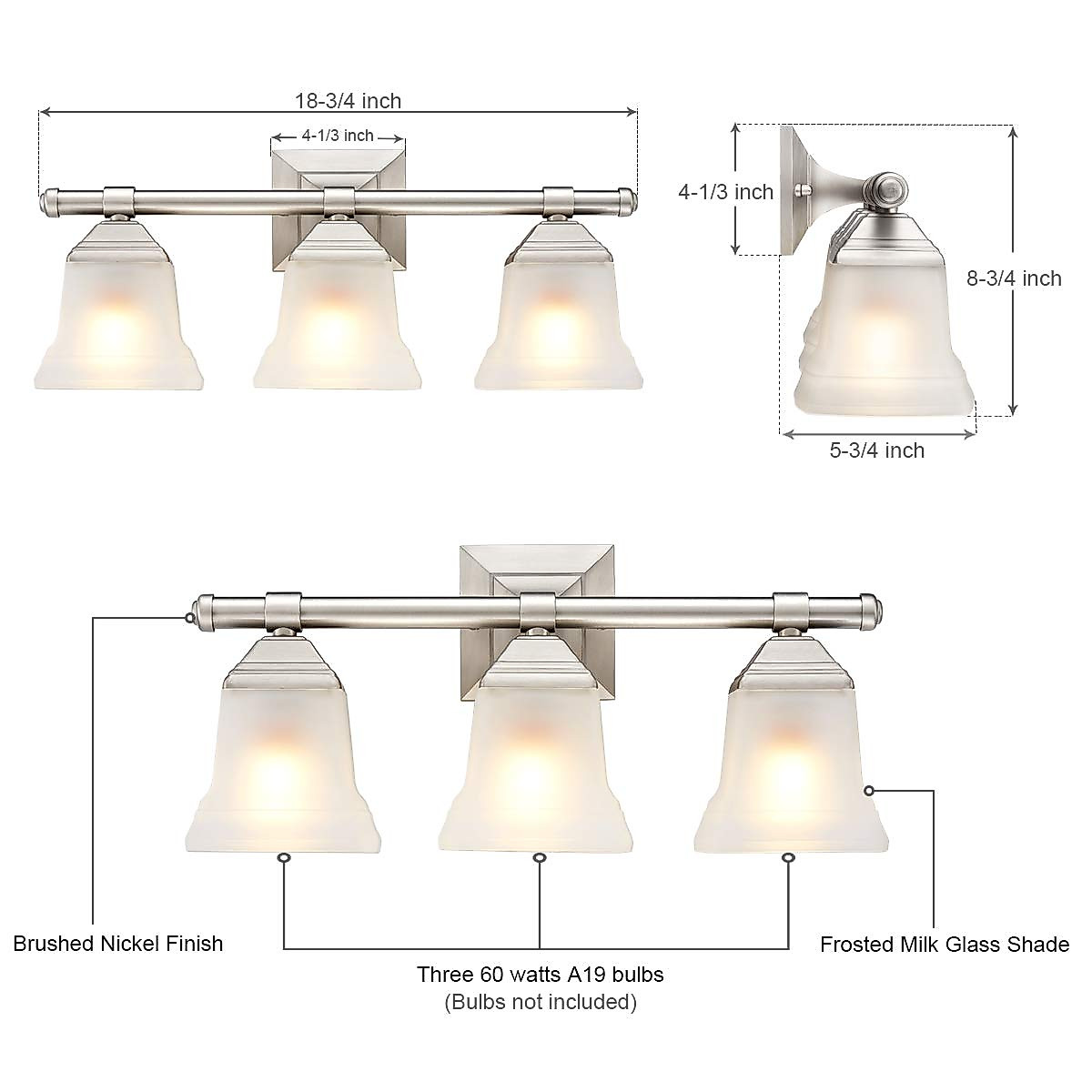 Eurus Home 3-Light Bathroom Vanity Light Fixture Brushed Nickel Bathroom Lighting Fixture W/Frosted Milk Glass Shade