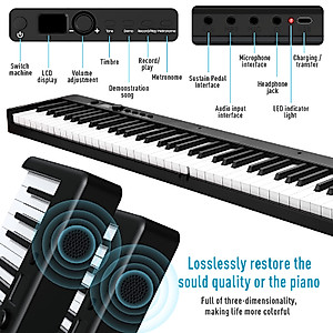 88 Key Foldable Digital Piano Keyboard,Full Size Semi Weighted Keys Bluetooth Keyboard Portable Electronic Piano with Pedal, piano bag,charger,Bluetooth MIDI,music stand for all ages