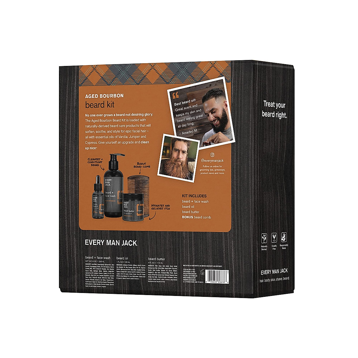 Every Man Jack Mens Aged Bourbon Beard Kit - Perfect for Every Guy - Includes Four Full-Sized Grooming Essentials - Beard + Face Wash, Beard Oil, Beard Butter + Beard Comb