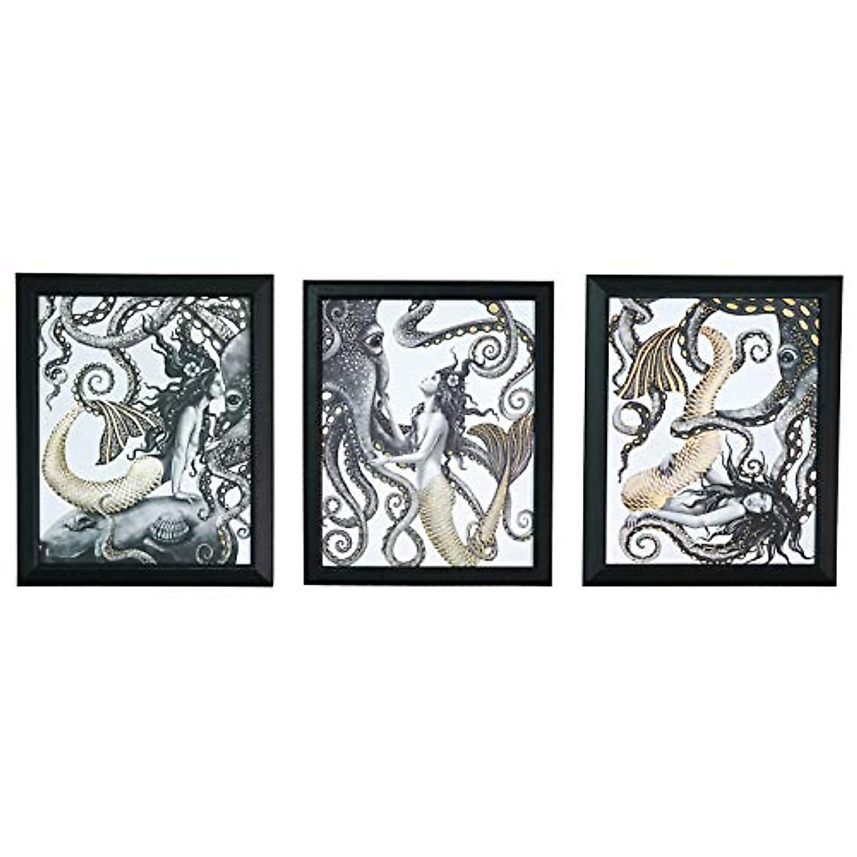 Mermaid and Octopus Wall Art – Collectible Set - Home Decor Nautical Bathroom Beach Ocean Posters Prints Decorations Pictures Artwork Mermaids for kids Girls Bedroom Girl Gold Foil Painting - 8x10 inches