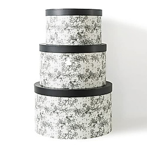 Soul & Lane Floral Hat Round Boxes with Lids - Set of 3: Nesting Cardboard Hat Storage, Large Black Print Hat Cases, Round Decorative Keepsake Boxes, Stacking Paper Mache Craft Boxes