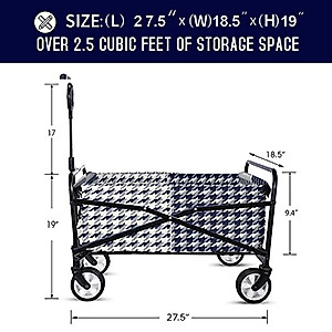 Collapsible Wagon Cart Houndstooth Fashion Autumn in Navy Blue Grey White Seamless Geometric Foldable Utility Wagon Large Capacity Garden Cart with Push Bar for Beach Camp Outdoor Shopping