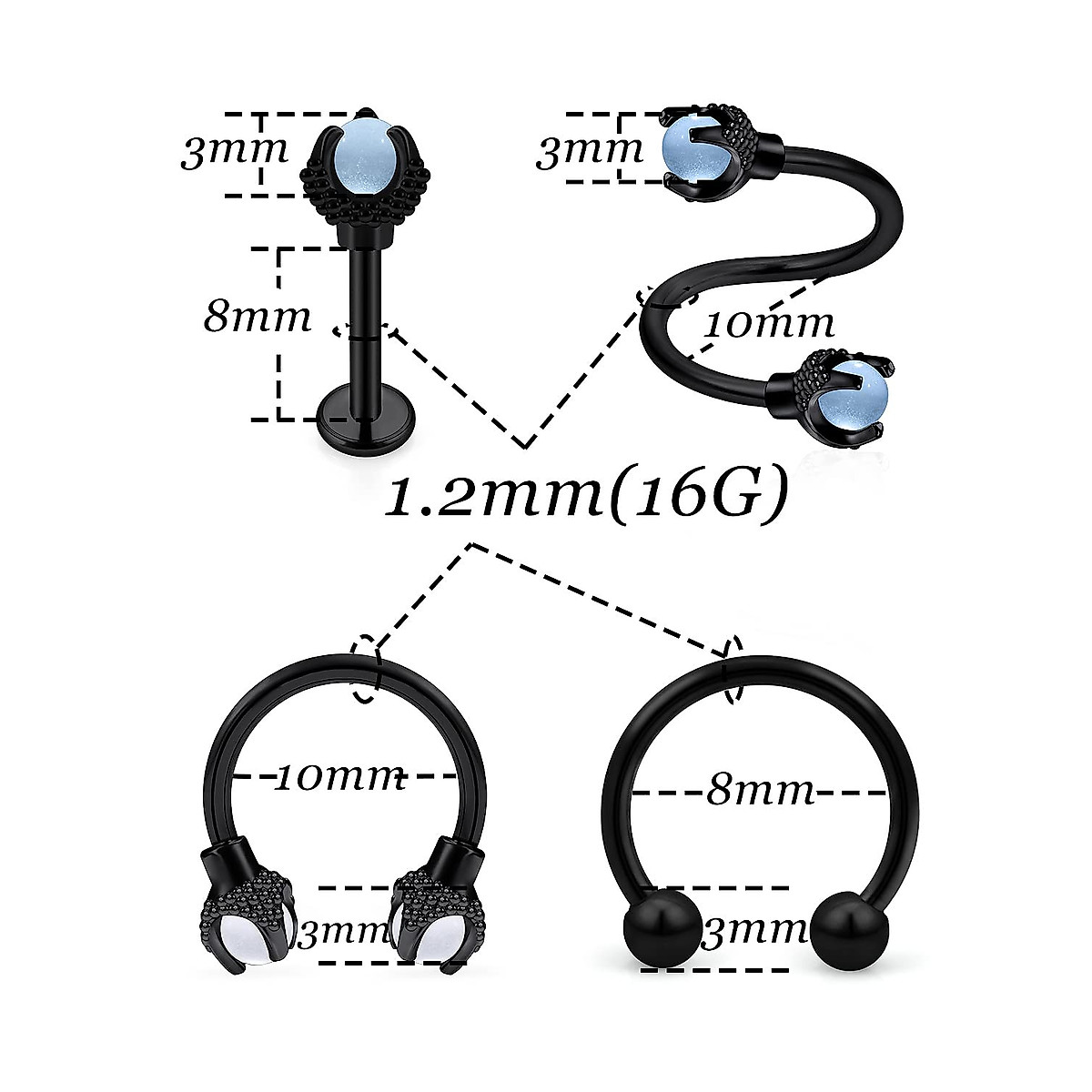 Vsnnsns 16G Lip Rings Stainless Steel Labret Jewelry Monroe Lip Rings Nail Cartilage Tragus Helix Earrings Studs Piercing Jewelry Medusa Piercing Jewelry for Women Men 16 Gauge Earrings 8mm Black