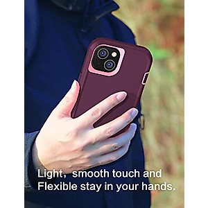 MXX Case for iPhone 13, with Tempered Glass Screen Protector,Camera Lens Protector 3-Layer Full Heavy Duty Body Bumper Cover Shockproof Protection Dustproof, for iPhone 13 6.1" (Plum/Light Pink)