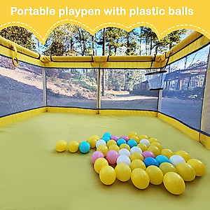 B22 Playpen 51”x51” + 2pull Rings+ 50pcs Ocean Balls+ 1sports Basket Loop; Playpen for Babies, Toddlers, Kid. Large Playpen for Toddlers, Sturdy, Safe, Portable Play Yard Indoor & Outdoor, Yellow