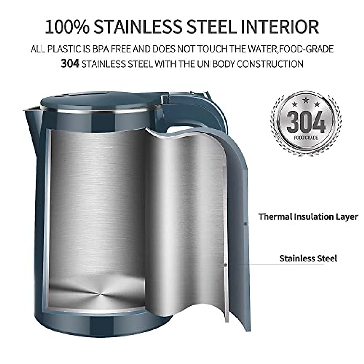 COOKTRON 1.7L Electric Kettle Quiet, Double Wall Hot Water Boiler BPA-Free, Boil and Cool Touch Tea, Cordless with Shut-Off & Dry Protection, 1500W Fast Boiling, Blue, JK17MB-150-01Plus, One Size