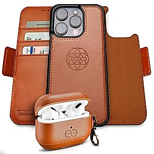 Dreem Bundle: Fibonacci Wallet-Case for iPhone 14 Pro Max with Om AirPods Pro Case Cover - Caramel