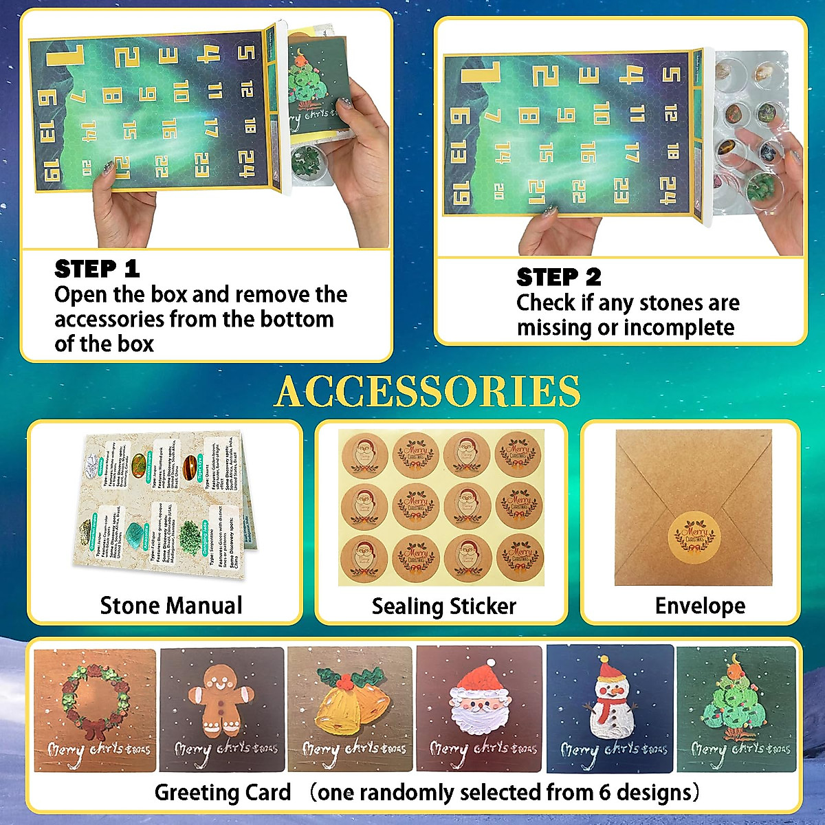 Gemstone Advent Calendar 2023, Gem Rock Advent Calendar 2023 for Kids Adults, Christmas Countdown Calendar With 24 Natural Gemstones, Including Greeting Card, Envelope, Etc