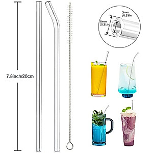 8Pcs Reusable Glass Straws, Clear Bent & Straight Drinking Straws for Smoothie Milkshake Cocktail Cold Drinks