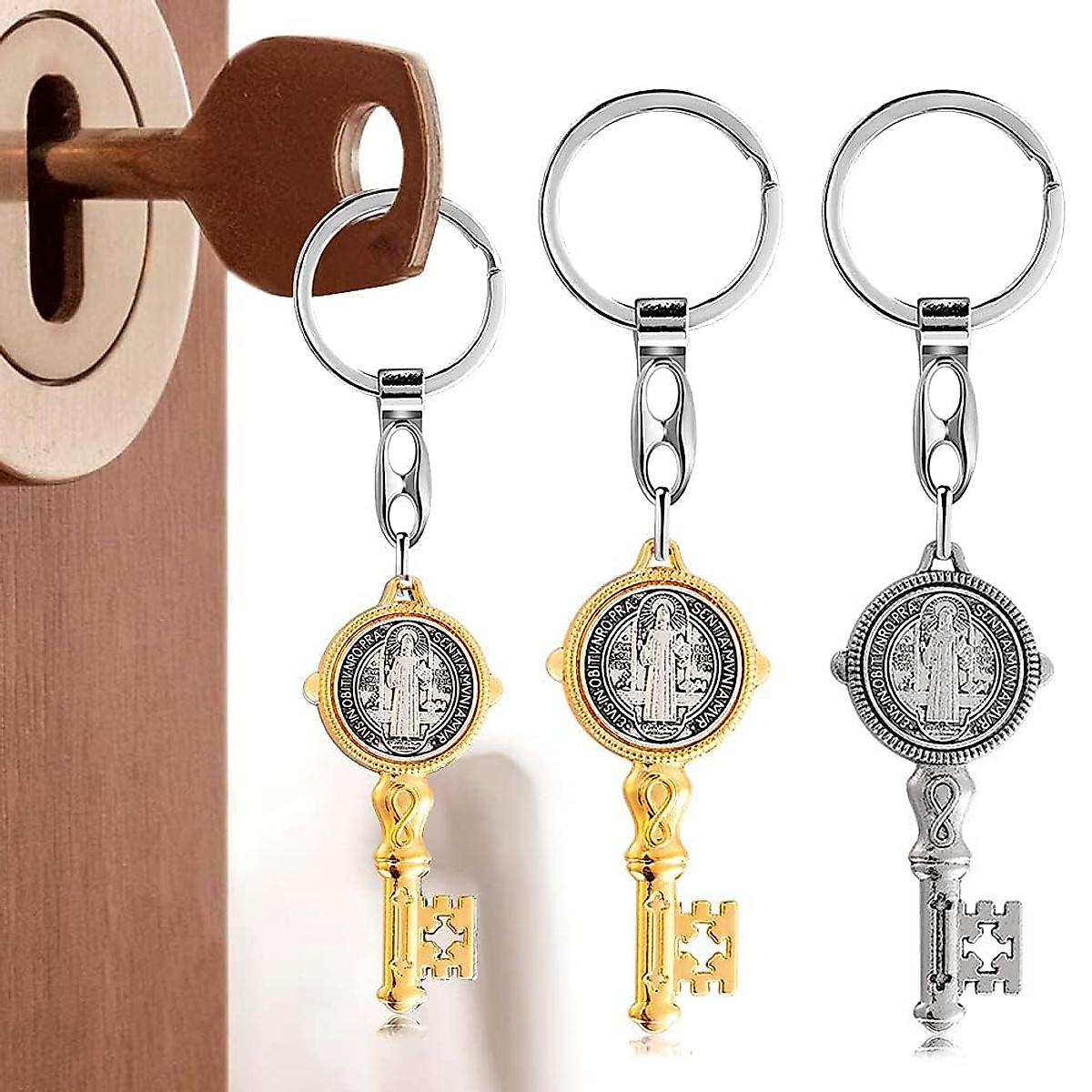 OEMOO 2Pcs Saint Benedict Medal Keychain, Silver/Gold Toned Saint Benedict Jubilee Medal Key Shaped Pendant Key Chain, Fine Detail Great Gift for Family Friend