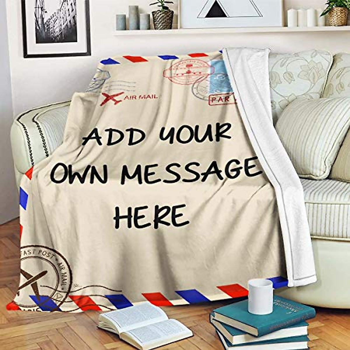 VTH GLOBAL Personalized Custom Name Message Text for Daughter Son Mom Dad Wife Husband Girlfriend Boyfriend Handwriting Letter Airmail Christmas Birthday Fleece Sherpa Blanket Bed Throw