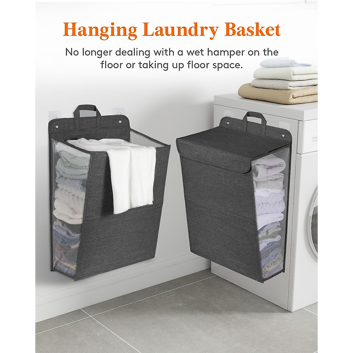 Lifewit 50L Hanging Laundry Hamper, 2 Pack Collapsible Large Opening Portable Laundry Basket with Lid and Handle, Wall Mounted Mesh Dirty Clothes Hamper Over the Door and Wall for Bathroom Dorm, Black