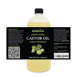 GreenIVe Castor Oil Organically Grown 100% Pure 32oz Bottle Cold Pressed, Hexane Free, Eyelash and Eyebrow Growth Serum, Skin Moisturizer Detox and Wraps