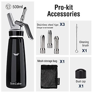 SimCoker Whipped Cream Dispenser, Aluminum Cream Whipper 500mL/1 Pint,3 Stainless Culinary Decorating Nozzles, 1 Brush, 1 Storage Bag, Homemade Cream Maker, N2O Chargers Not Included