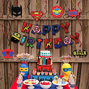 LINGTEER Superhero Decorations Set - Happy Birthday Bunting Banner Superhero Hanging Swirls Streamers Action Sign Perfect for Kids Birthday Party Decorations.