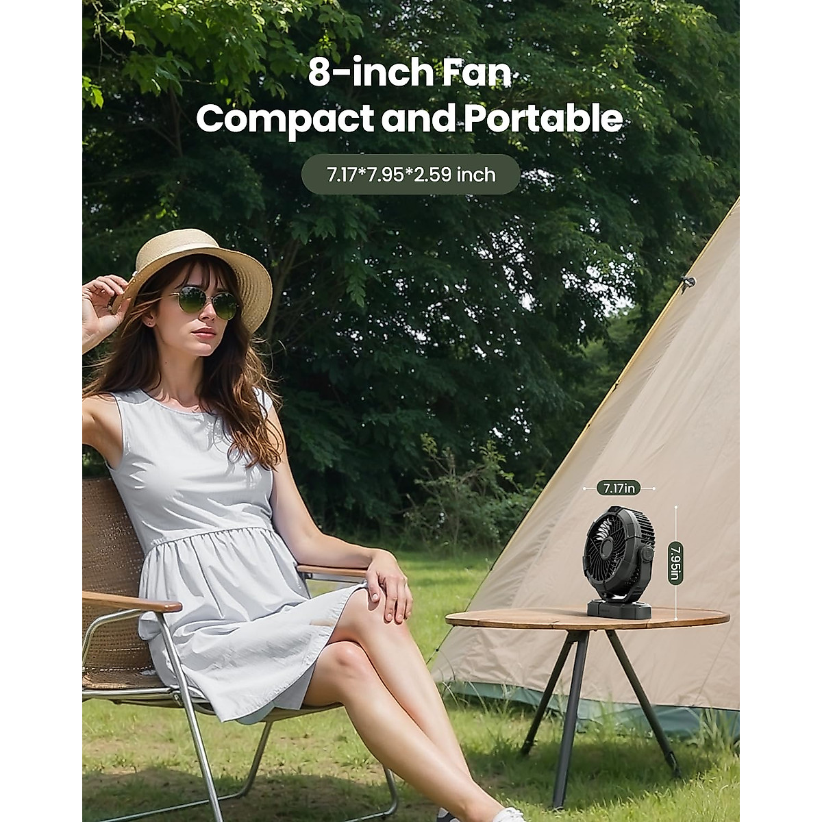 Gaiatop Portable Camping Fan with LED Lantern, 4000mAh 8-Inch Rechargeable Outdoor Tent Fan, 360° Head Rotation, 3 Speed and Quiet Battery Operated USB Desk Fan for Indoor Outdoor Travel Black