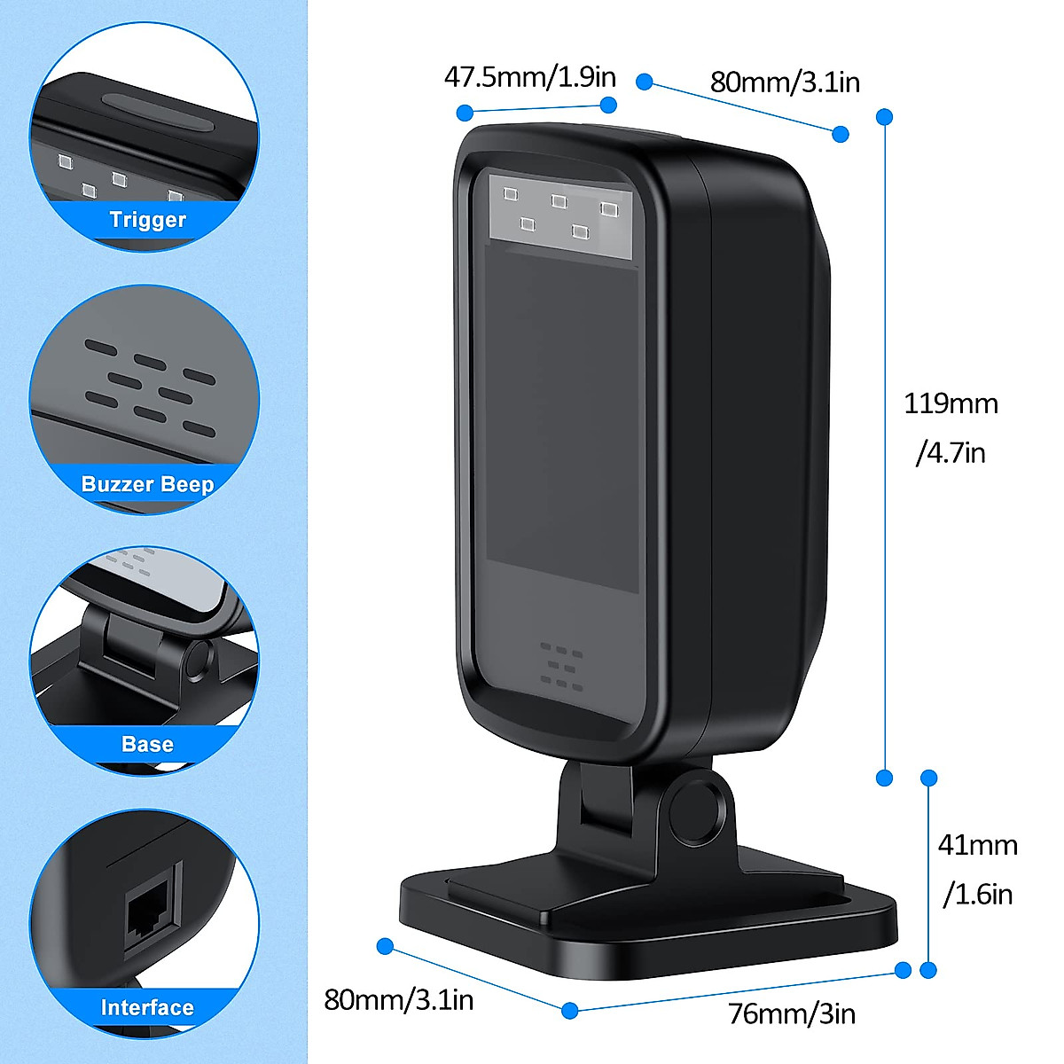 1D/2D Automatic Omnidirectional Desktop Wired USB Bar Code Scanner Reader,Plug and Play,Handsfree Barcode Scanner for Warehouse, Supermarket, Retail Store, Bookstore Pos System