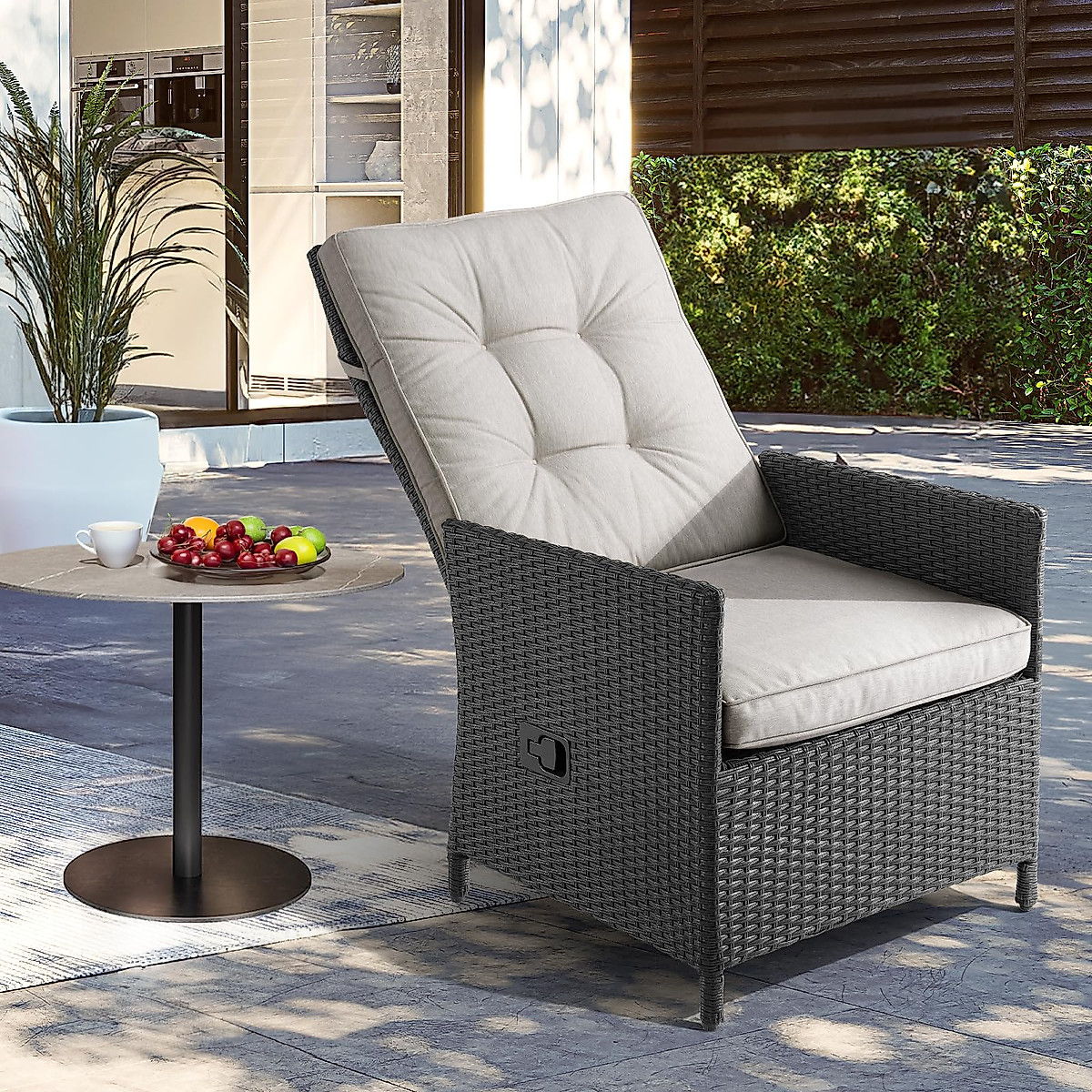 Outdoor Recliner Chair, All-Weather PE Wicker Adjustable Reclining Lounge Chair Rattan Reclining Chair with Adjustable Back and Removable Olefin Cushion for Relaxing Reading Sunbathing Napping