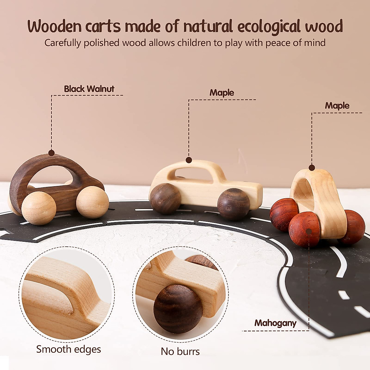 Wooden Rattle Toy Car Set 3PCS Baby Toy Skill Development Educational Toy Environmental Protection Toy Car - Walnut, Maple, Mahogany