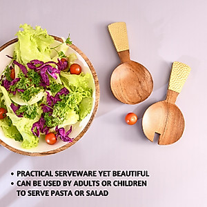 Folkulture Salad Hands or Salad Servers, Set of 2 Salad Claws for cooking, Kitchen Utensils or Serving Spoons, Wooden Salad Tongs 8 X 4 Inch Spoon and Fork Set (Acacia Wood with Hammered Brass)