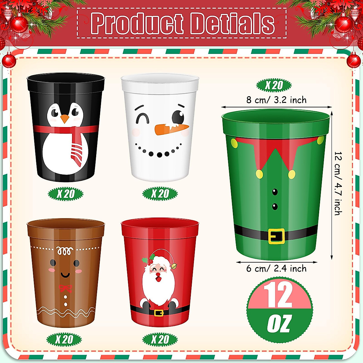 Umigy 100 Pcs Plastic Christmas Party Cups 12 oz Reusable Xmas Santa Elf Drinking Cups Disposables Merry Christmas Coffee Cups for Coffee Hot Chocolate Beer Ice Cream Christmas Party Supplies