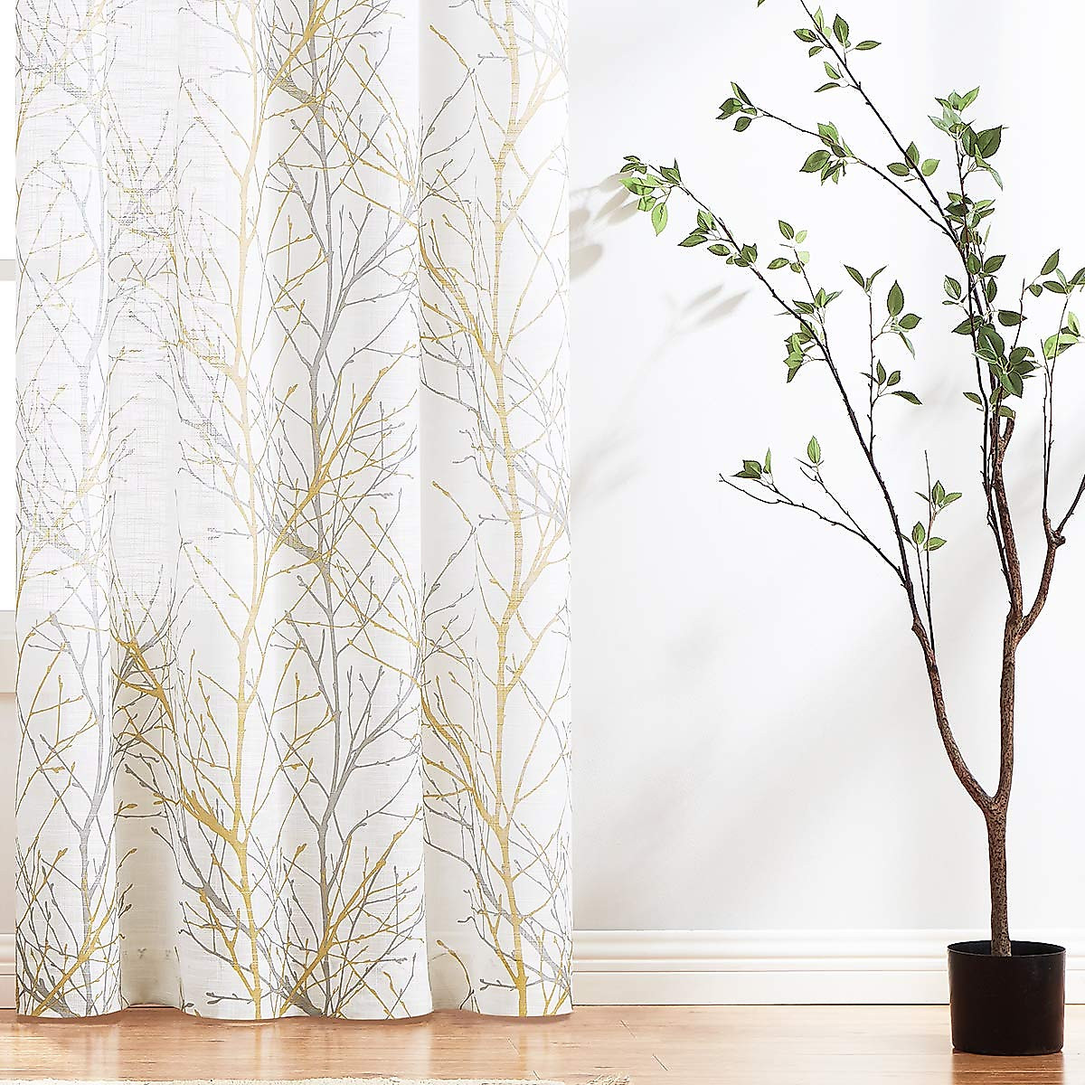 FMFUNCTEX Print Yellow Grey White Curtains for Living Room Linen Textured Tree Branches Pattern Window Treatment Set for Bedroom Window Drapes 50" W x 96" L - (2 Panels) Rod Pocket