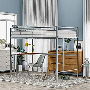 Woanke Metal Twin Bunk Bed, Twin Size Bedframe with Desk, Ladder and Full-Length Guardrail for Kids Teens Adults, Space Saving Design, Silver