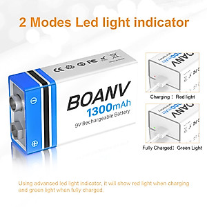 BOANV 4PCS 1300mAh 9V Rechargeable Batteries, 9V Rechargeable USB Lithium Long Lasting Battery, with 2 in 1 Charging Cable, for Smoke Detectors, Alarms, Keypad, Microphone