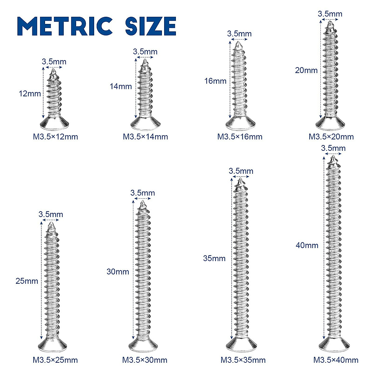 NINDEJIN Flat Head Self Tapping Screws Assortment Kit, 304 Stainless Steel Wood Screws, M3.5 Phillips Drive Self Tapping Screws, 240 pcs Self-Tapping Screws Set with 2 pcs Phillips Screw Bit (12-40mm)