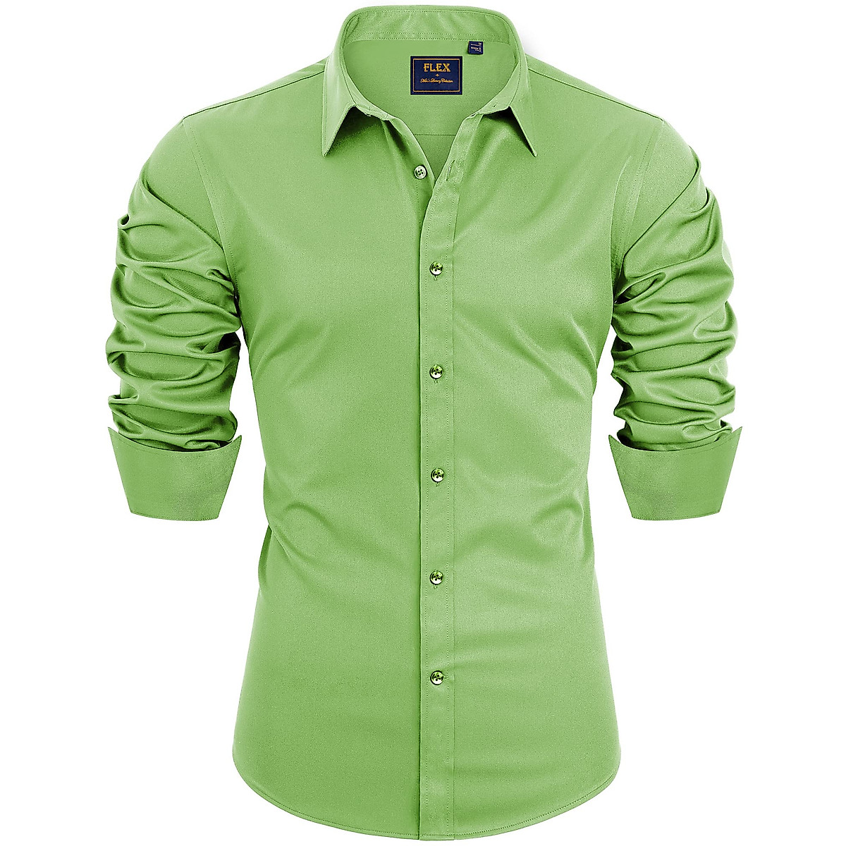 Alimens & Gentle Men's Bright Green Slim Fit Dress Shirts Solid Muscle Fit Wrinkle-Free Casual Button Down Shirt