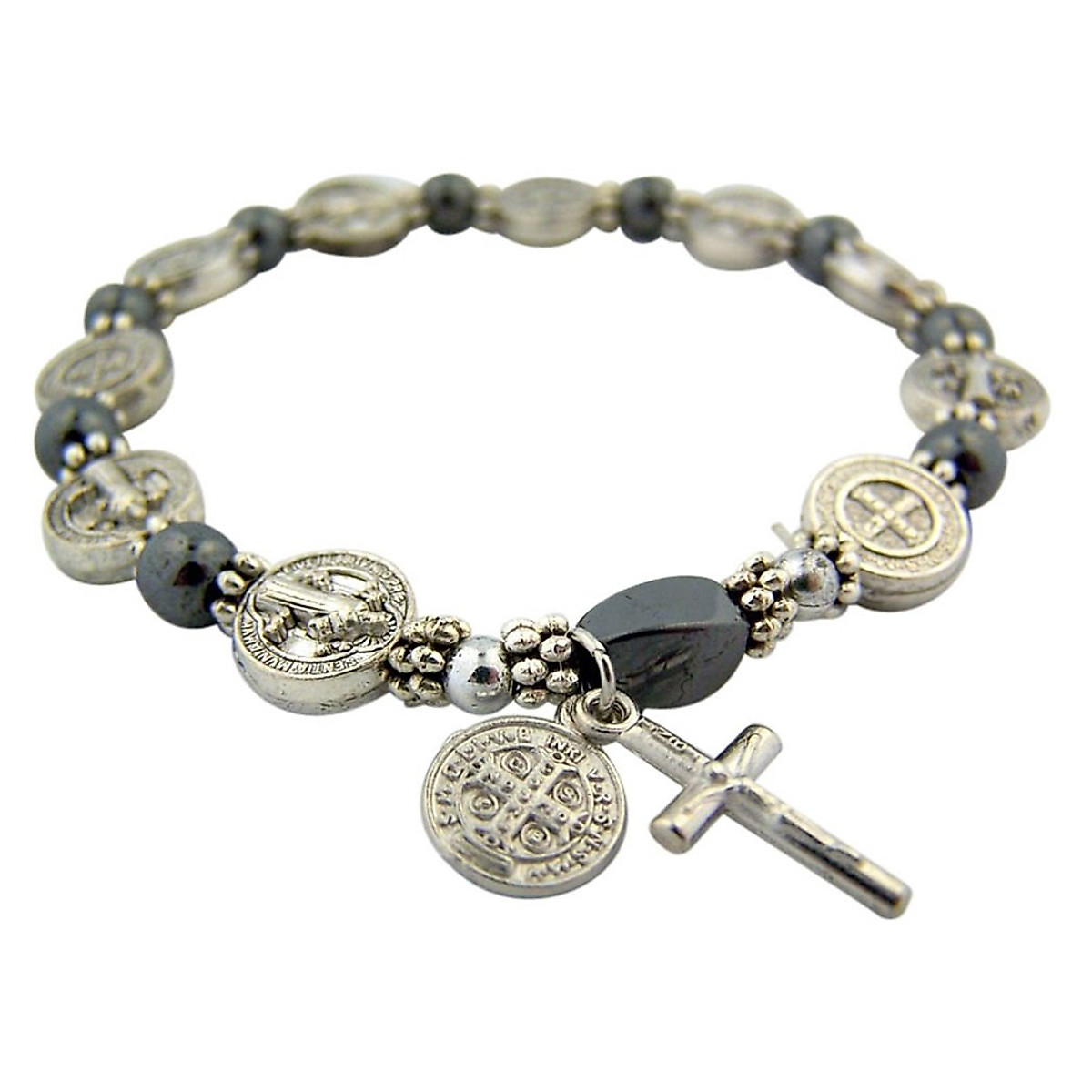 CB Silver Tone Saint Benedict Medal Hematite Bead Rosary Bracelet, 7 1/2 Inch