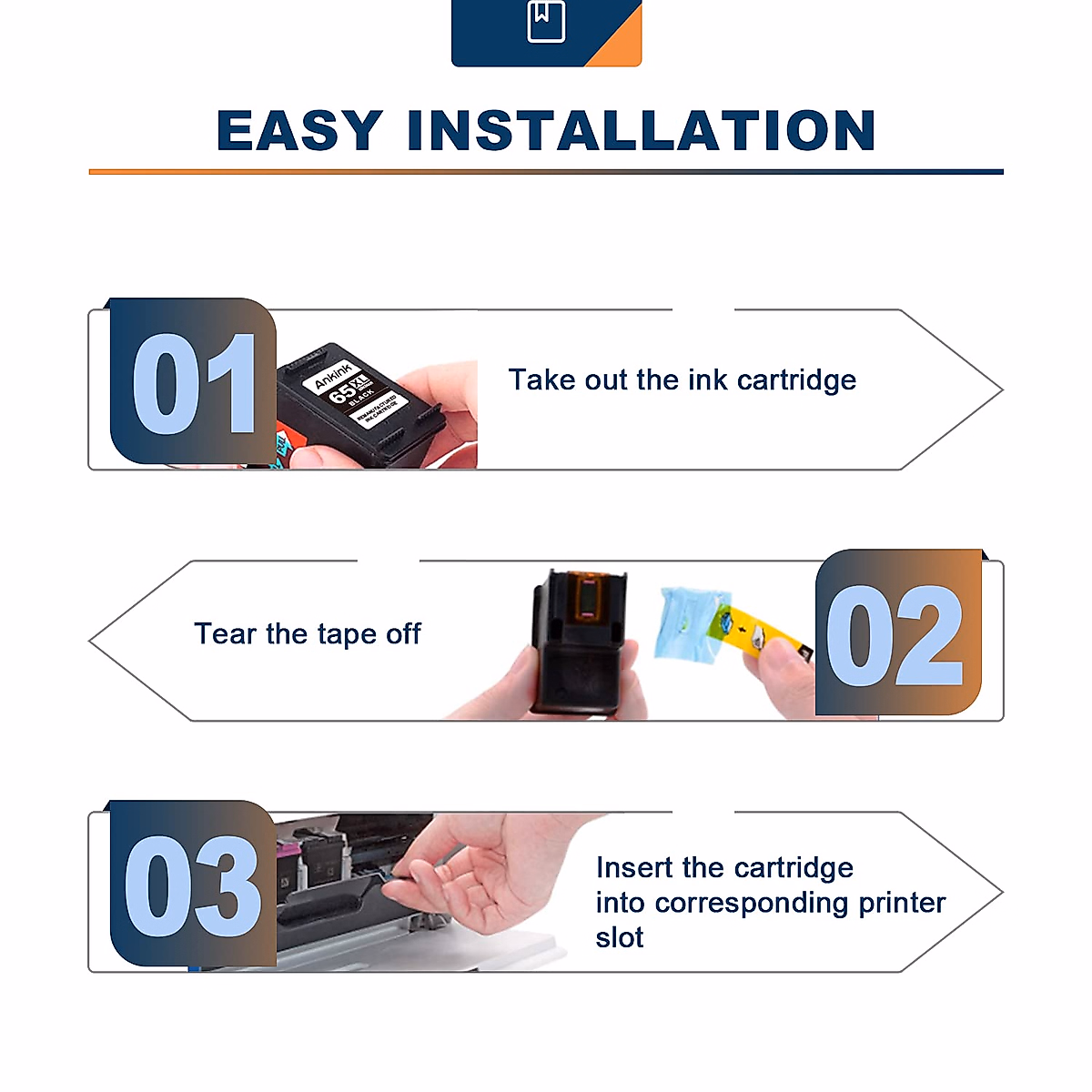 Ankink Higher Yield 65XL Ink Cartridges Black Color Combo Pack | HP 65 Ink XL Fit for Envy 5000 5010 5014 5052 5055 5070 DeskJet 2600 2622 2640 2652 2655 3700 3752 3755 Printer | HP65xl Tricolor HP65