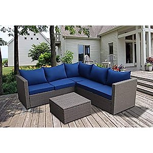 Outdoor Patio Furniture Set with Ottoman Square Coffee Table 4 Piece Patio Sectional Sofa Couch, Modern Brown Rattan Wicker with Seat Cushions - Navy Blue - Oliver & Smith - Sunny