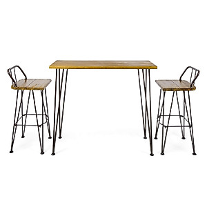 Christopher Knight Home Denali Outdoor Industrial Acacia Wood Bar Set with Finished Iron Frame, Teak Finish / Rustic Metal