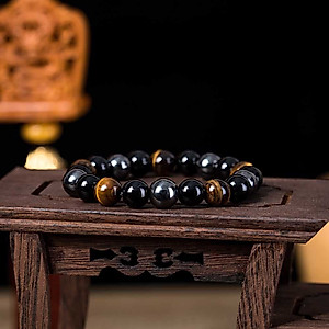 Tiger Eye Black Obsidian Crystal Bracelet for Energy Protection - Crown Chakra Reiki Healing - Bring Prosperity and Luck - Meditation Natural Stone Bracelet for Men and Women