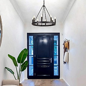 8-Light Farmhouse Wagon Wheel Chandelier, D24" Black Round Chandeliers for Dining Room, Modern Industrial Kitchen Island Pendant Light Fixtures for Foyer Living Room Entryway Bedroom, E12 Socket