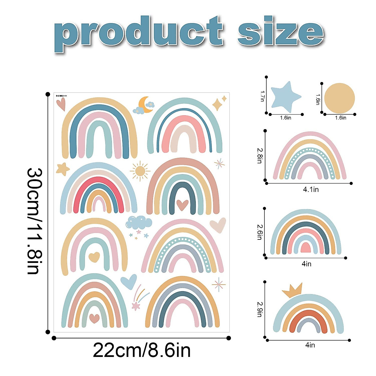 76 PCS Small Boho Rainbow Star Dots Athestic Wall Sticker for Boys Girls Nursery Room Bedroom playroom Study Room Living Room Dance Room