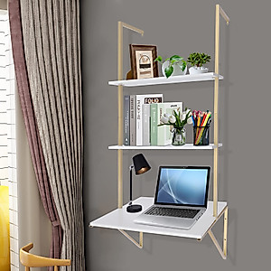 LUOSHALIYA 3 Tier Wall Mount Desk Computer Ladder Shelf Desk with Book Storage Shelves, Computer Desk for Small Space Home Office Table Bedroom Writing Study Work