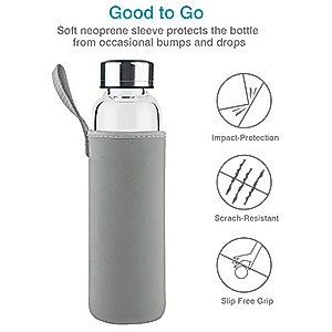 Borosilicate glass water bottle with Leak Proof Lid and Protective Neoprene Sleeve 32oz / 16oz (Green Leaves, 16oz)